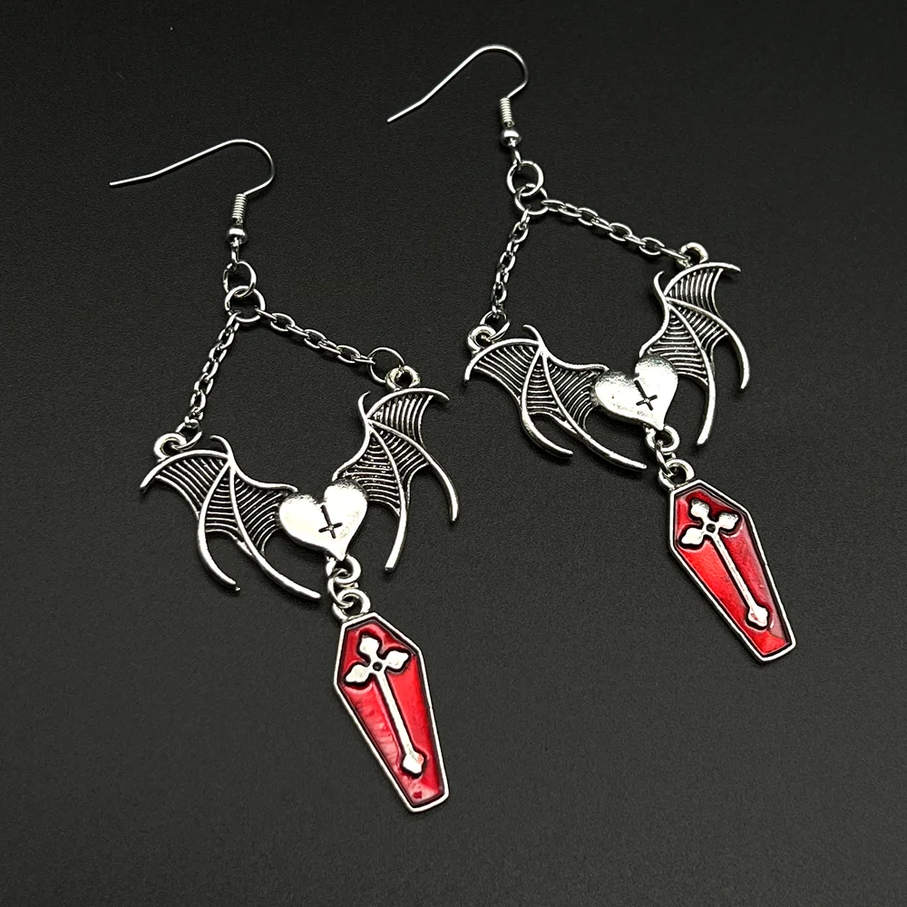 Dark Style Goth Punk Cross Bat Wings Heart Earrings Drip Oil Cross ...