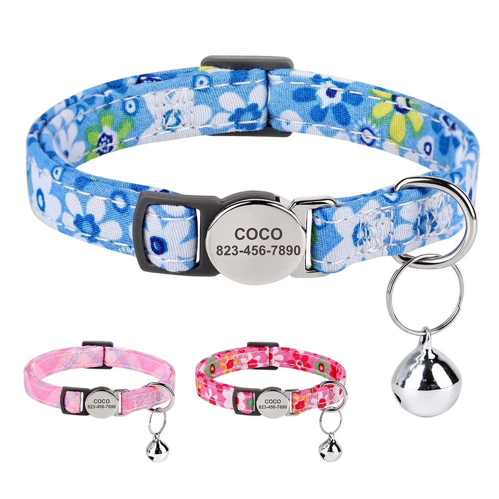 Cute Nylon Cat Collar with Bell Personalized Cats Collars Free Engraved ...