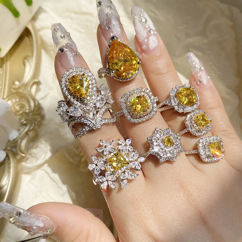 Brillian New Adjustable Size Ring Yellow AAA Zircon Water Drop Geometry ...