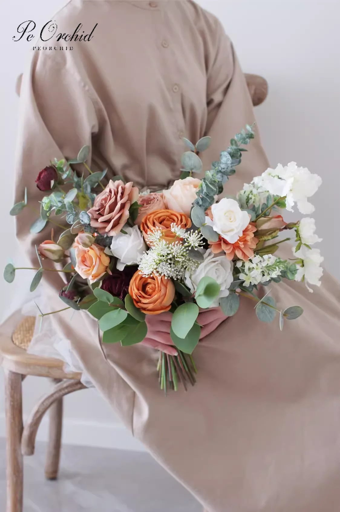 PEORCHID-Vintage-White-Rose-Orange-Wedding-Bouquet-Eucalyptus-Ramo ...