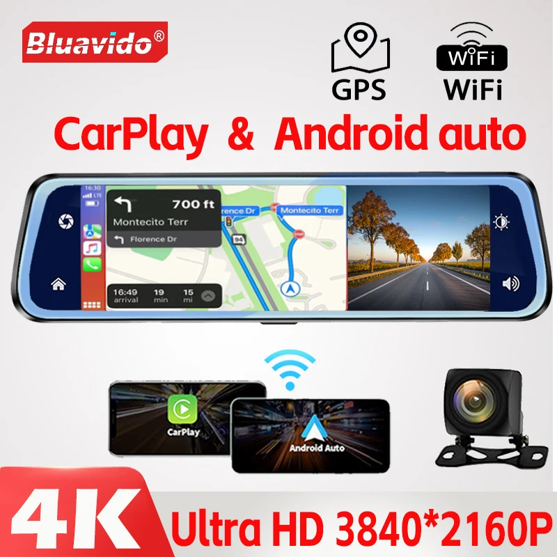 4K-UHD-2160P-Carplay-Android-Auto-Dash-Cam-Stream-RearView-Mirror-GPS ...