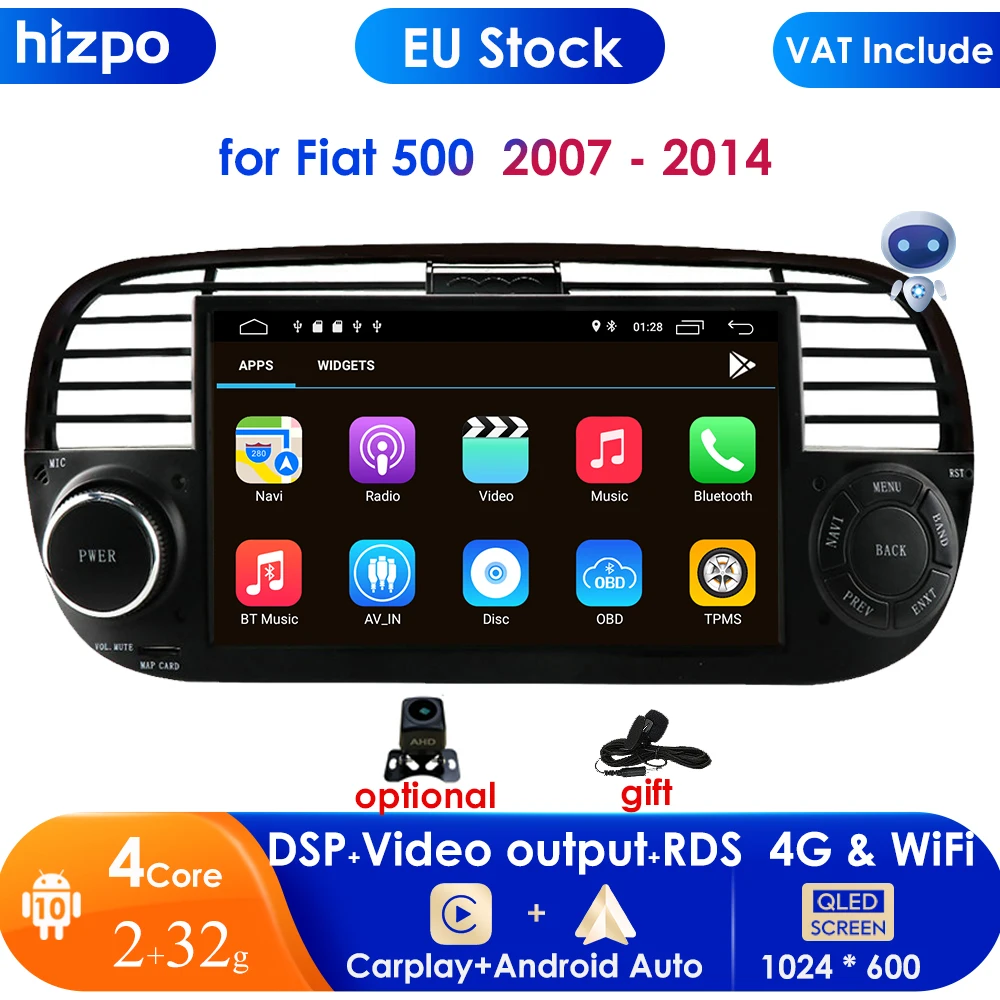7"hd Touch Screen Quad Core Android 10 Car Dvd Player For Fiat 500 ...