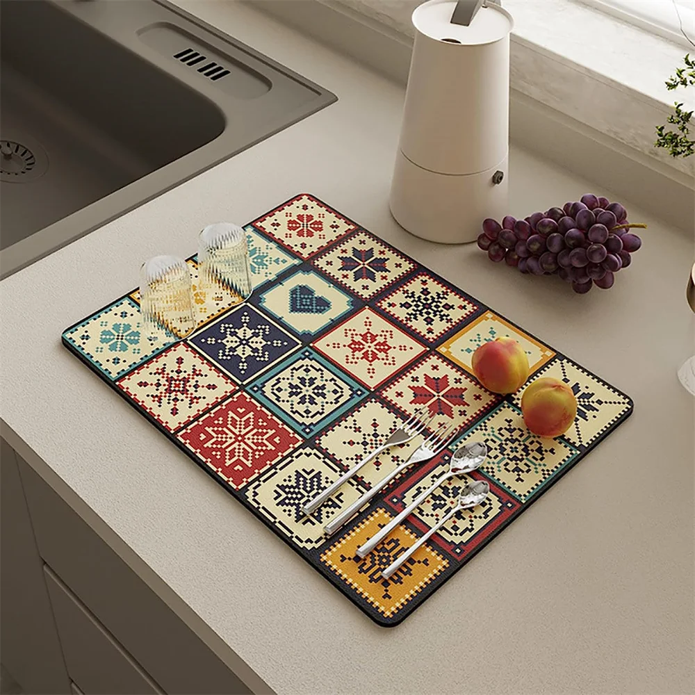 Multi-grid-Drying-Mat-Blue-Pattern-Plant-Non-slip-Absorbent-Mat-Diatoms ...