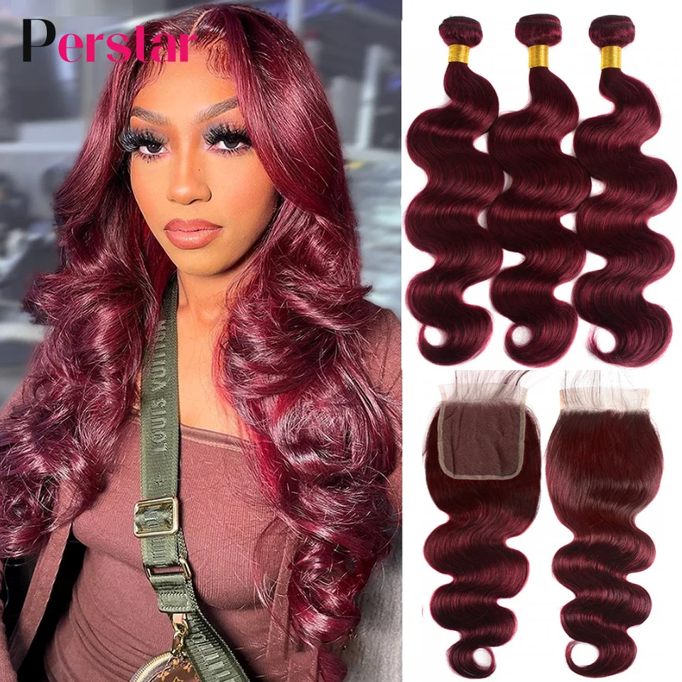 Perstar Hair Bundles With Closure Body Wave 99J Burgundy Color Human ...