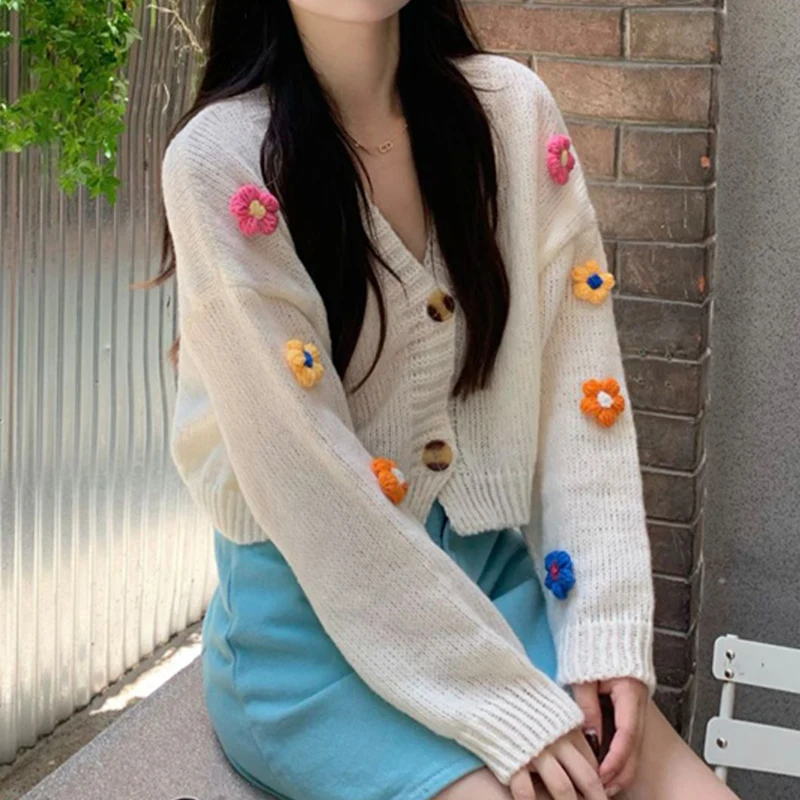 Appliqué Flowers Cardigan Women Fall Winter Cropped V-neck Button-up ...