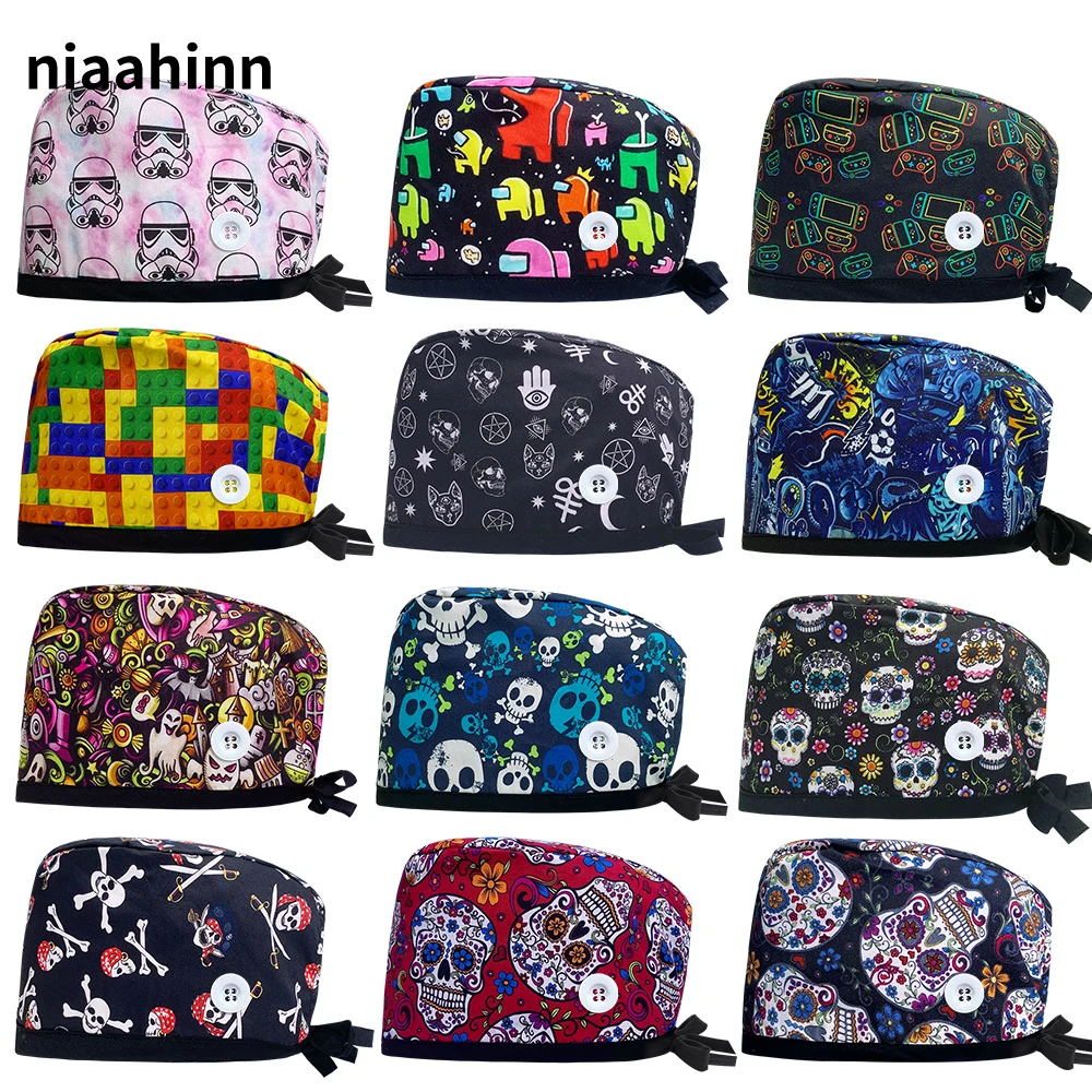 Doctor Operating Room Pattern Printed with Buttons Nursing Head Cap Lab ...