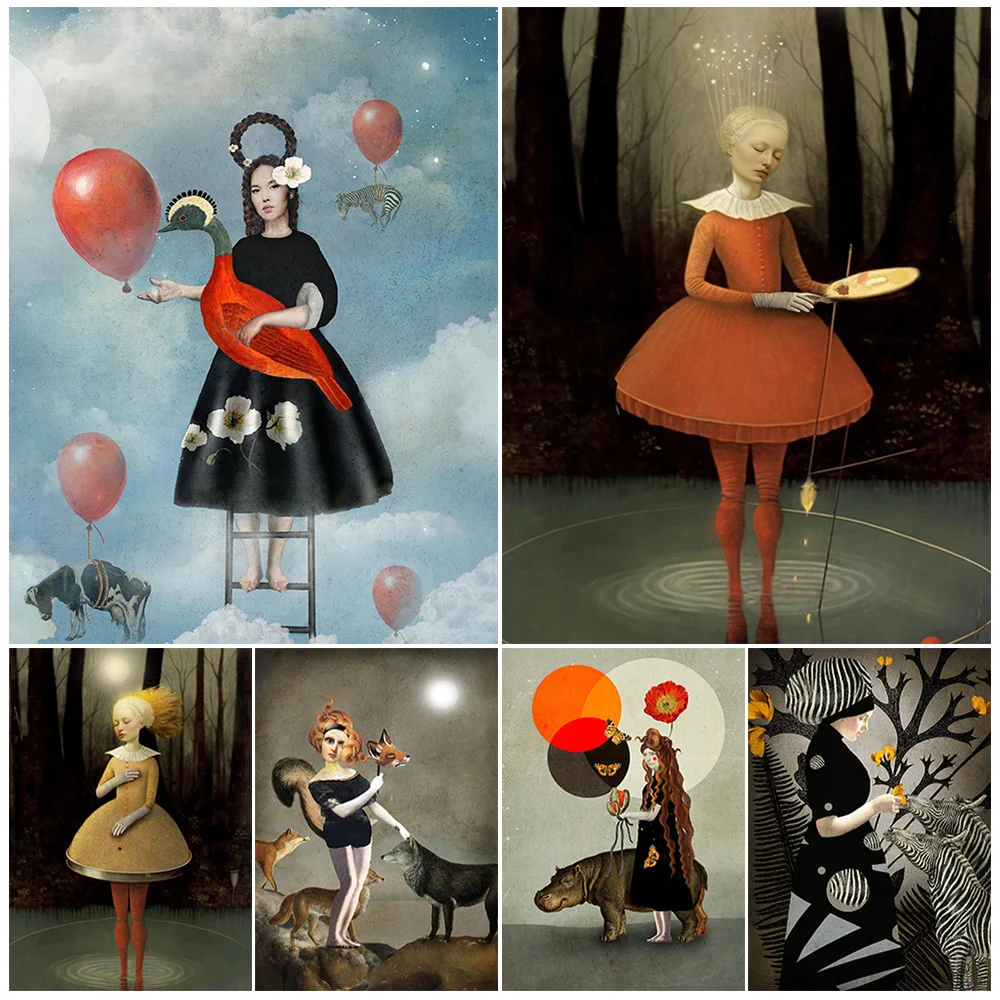 Surrealism Girl Portrait Abstract Poster Vintage Wall Art Canvas ...