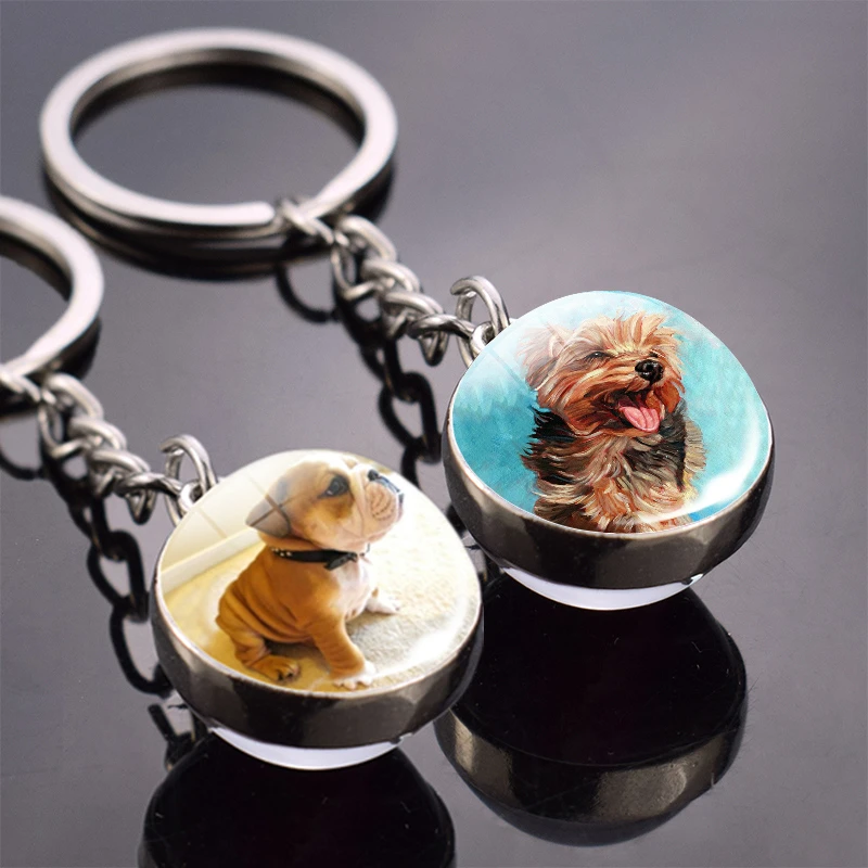 Cute Animals Key Chain Dog King Ring Double Side Glass Ball Keychain ...