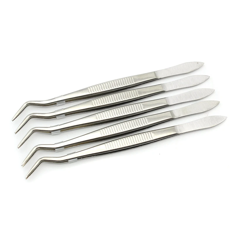 5pcs 16cm Stainless Steel Dental Tweezers Surgical Serrated Curved ...