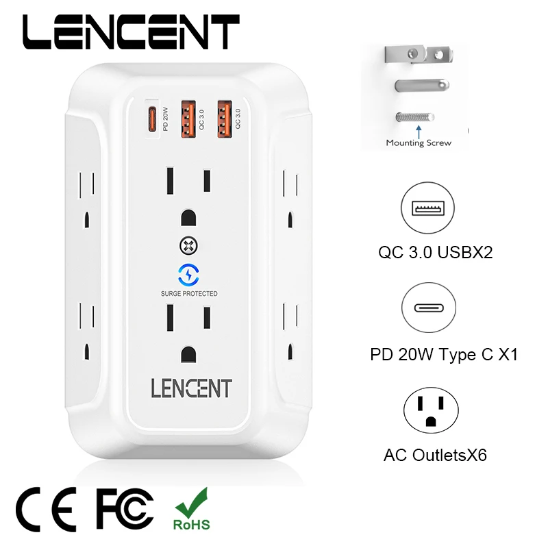 LENCENT US Wall Socket Extender with 6 AC Outlets 2 USB QC 3.0 Fast ...