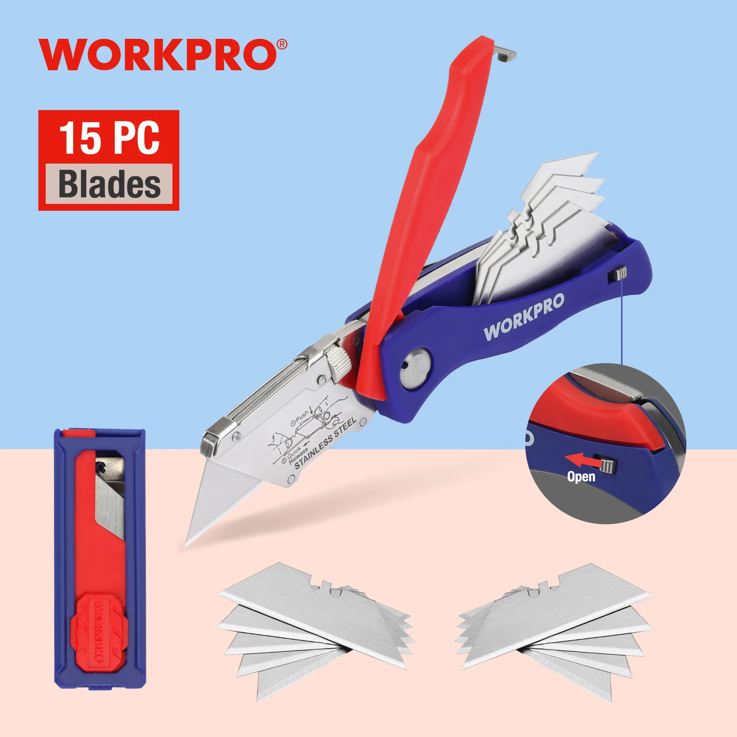 Workpro faca dobrável com 15 lâminas de aço inoxidável resistente faca ...