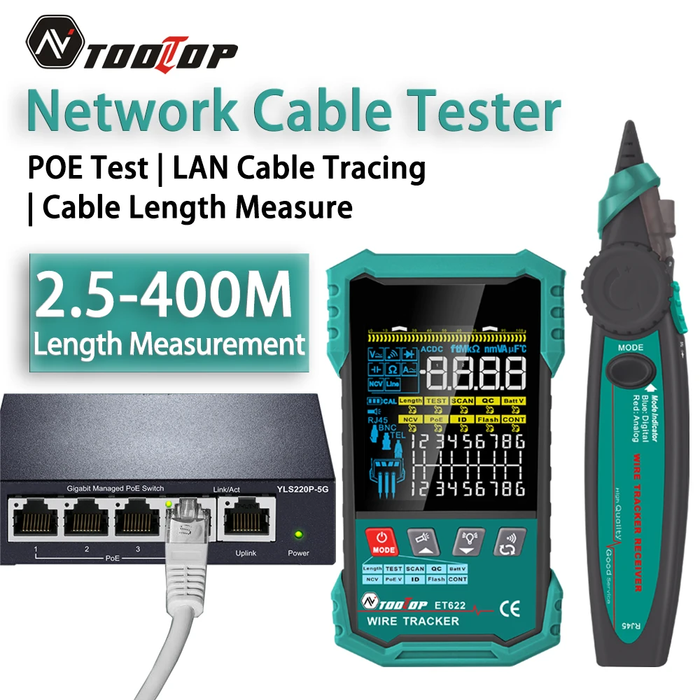 TOOLTOP LAN Cable Tester Multimeter PoE Voltage QC Crimping Test ...