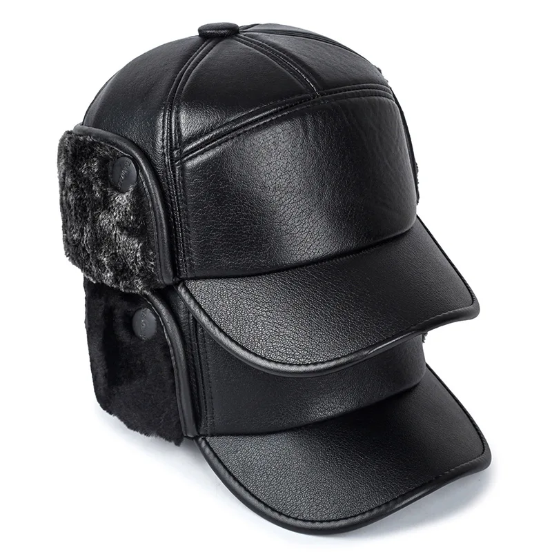 Black-Leather-Fur-Baseball-Cap-Hats-for-Men-Winter-Warm-Cap-Men ...