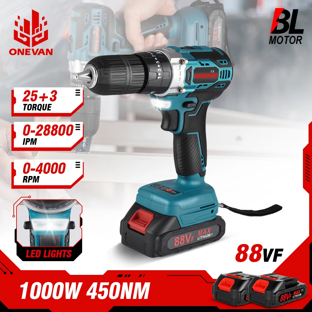 1000W 450NM Brushless Hammer Drill Impact 25+3 Torque 3 Function Cordless Electric Screwdriver ...