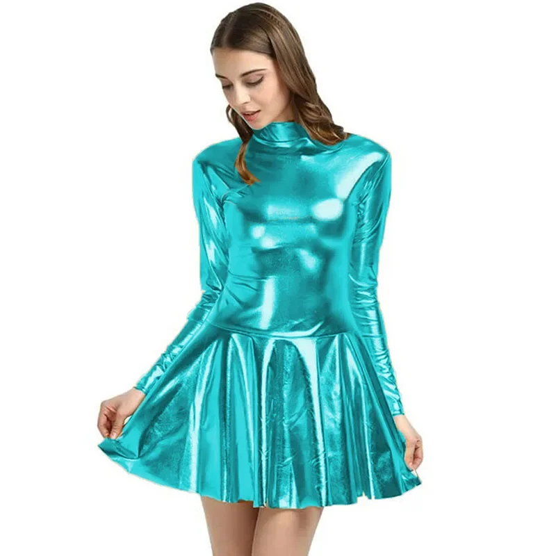 Shiny Metallic Skater Dress Women pole Dancing Dress Holographic Patent ...