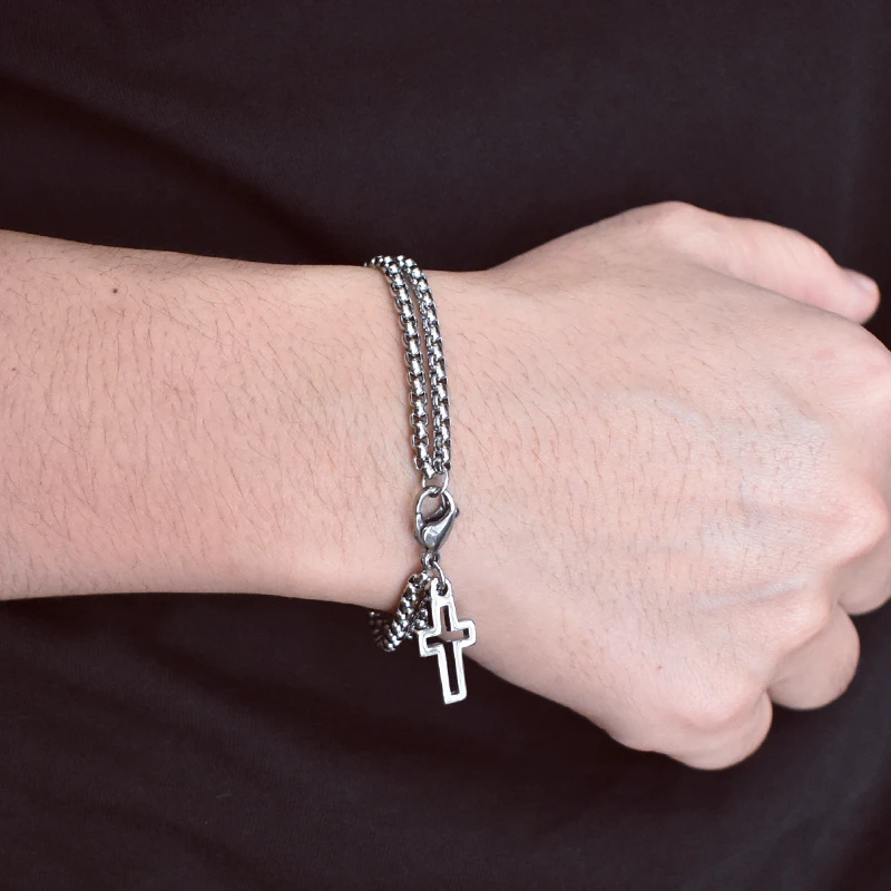 Cross-Hollow-Double-Chain-Cross-Men-s-Stainless-Steel-Bracelet-Silver-Color-Unisex-Geometric ...