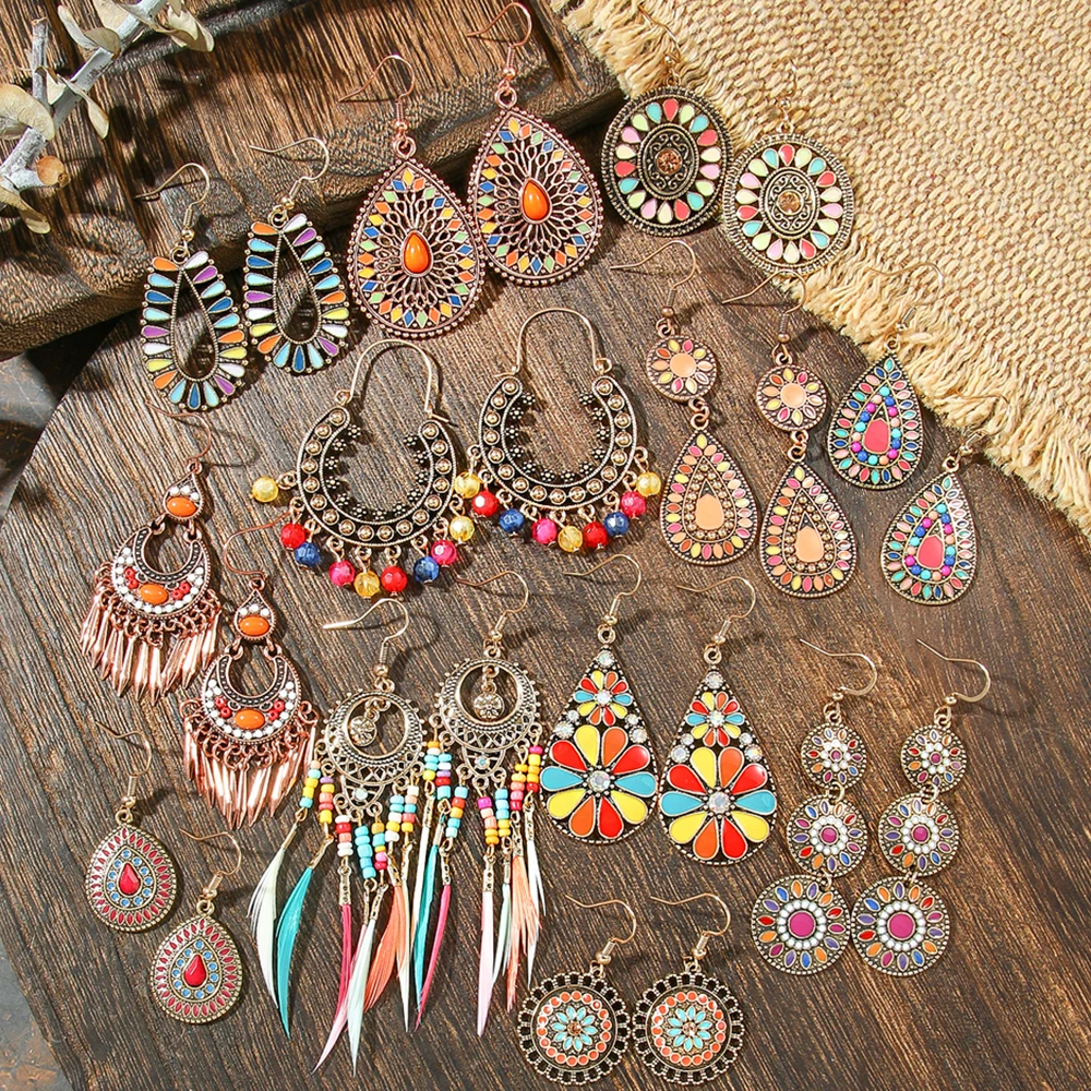 Women Vintage Colorful Dangle Earrings Set Boho Statement Tassel ...