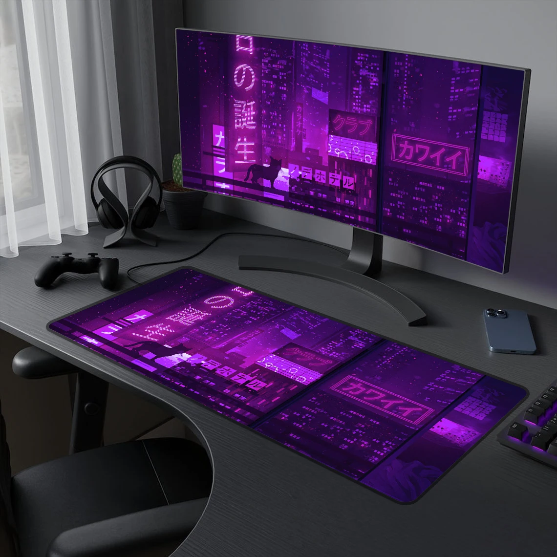 Japanese Mouse Pad Neon Purple Deskmat Nativity Retrowave Gaming Laptop ...