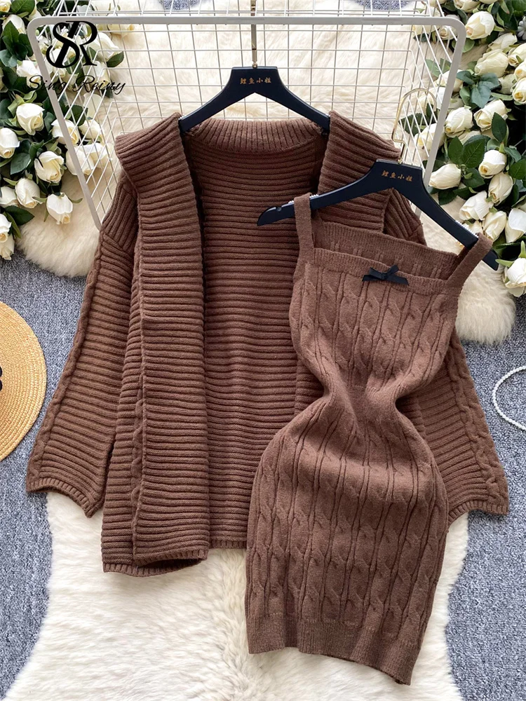 SINGREINY Winter Gentle Knitted Suits Long Sleeves Loose Cardigan+Strap ...