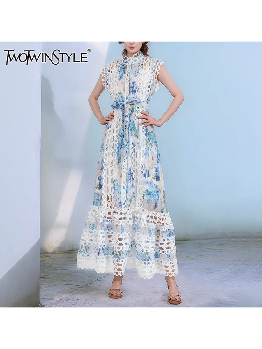 TWOTWINSTYLE-Colorblock-Spliced-Button-Hollow-Out-Dress-For-Women-Stand ...