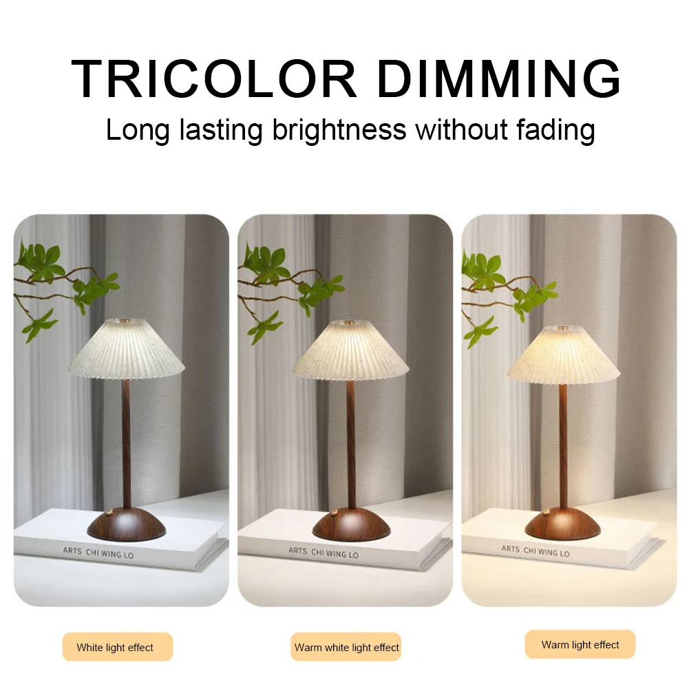 Portable LED Desk Lamp Wood Base Touch Night Light Fabric Shade Bedside ...