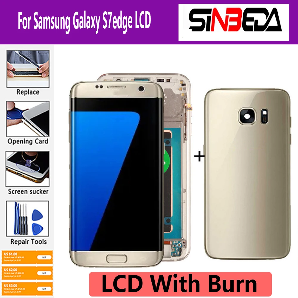 삼성 갤럭시 S7 엣지용 슈퍼 아몰레드 LCD 디스플레이 G935 G935F 터치 스크린 디지타이저 어셈블리 교체, 번 섀도 ...