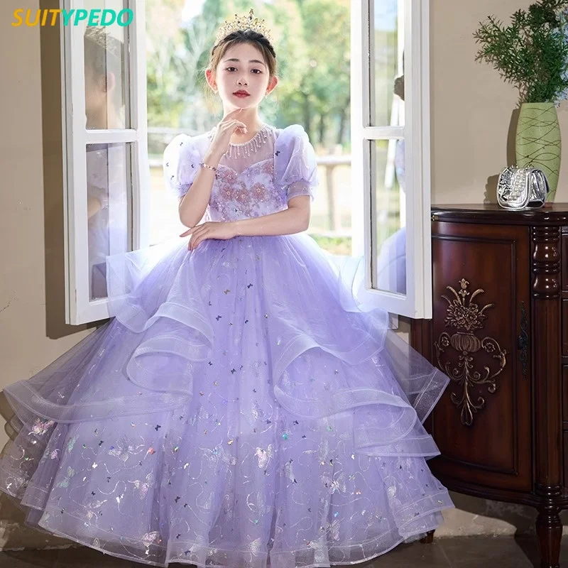 Sweet Tulle Flowers Long Party Dress For Girls Fashion Ruffles Piano ...