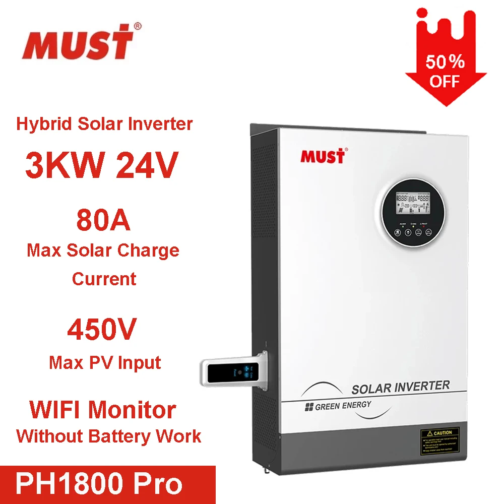 MUST PH1800 Pro 3KW 3000W 24V Home Hybrid Solar Inverter Built In 80A ...