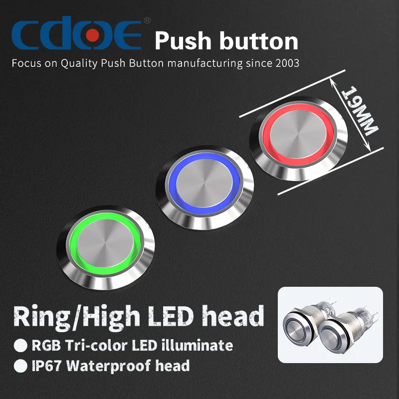 온 오프 버튼 스위치, IP67 19mm RGB 라이트 링, LED 순간 래칭, SS 금속 푸시 조명, 커넥터 포함
