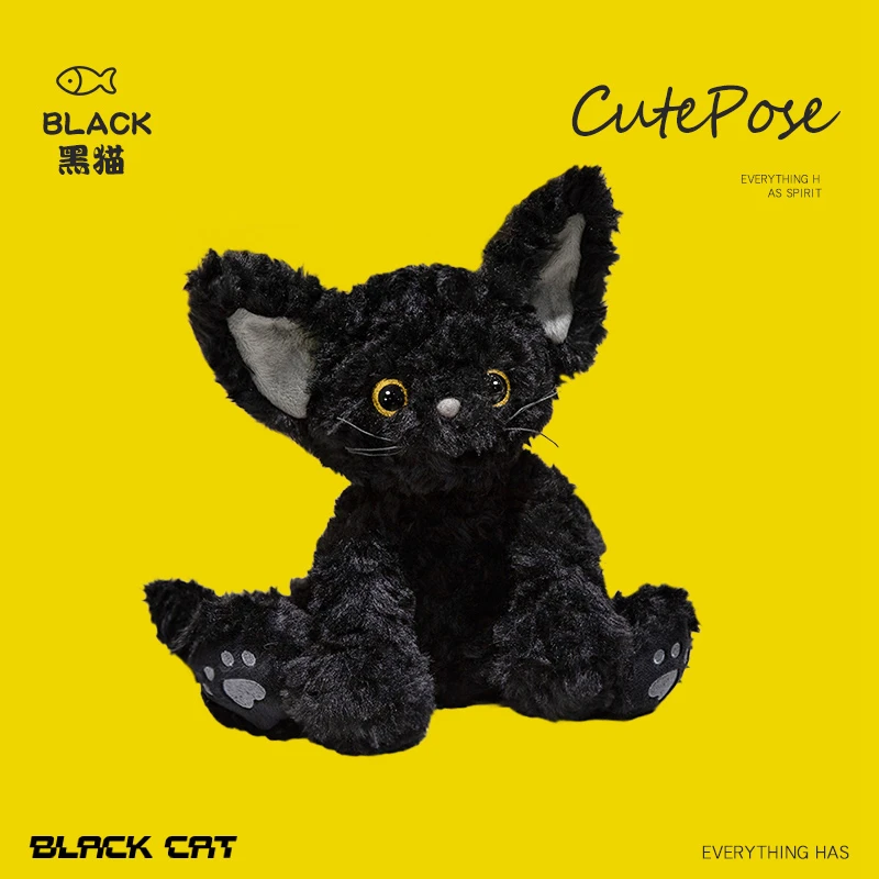 25cm Cute Black Cat Plush Toy Throw Pillow Curly KUKI Black Cat Long ...