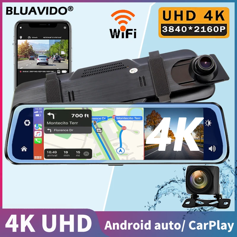 4K UHD Car Rearview Mirror Dash Cam with CarPlay, Android Auto Dual 5G ...