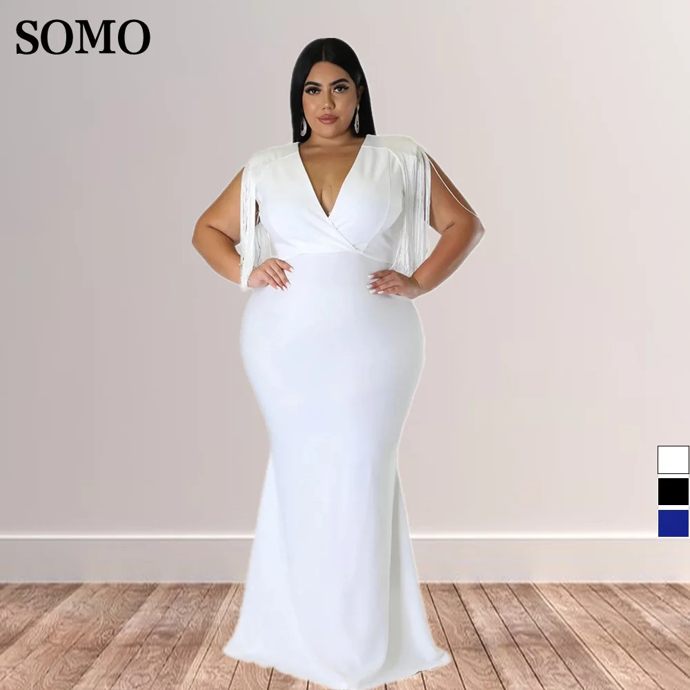 Sexy Deep V Neck Patchwork Tassel Floor Length Women Evening Plus Size ...