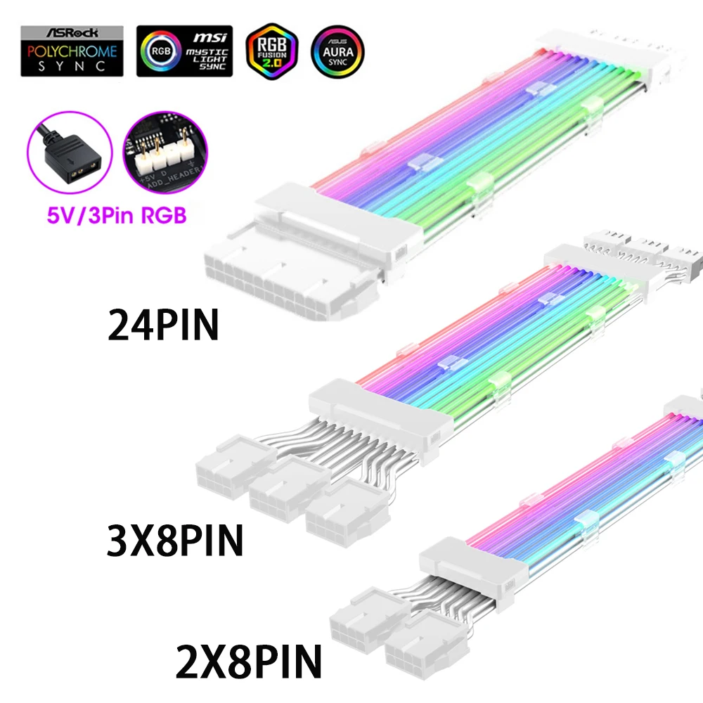 Beyaz-PC-kasa-PSU-uzatma-RGB-kablosu-ATX-PCI-E-PCI-E-GPU-2X8Pin-Neon ...