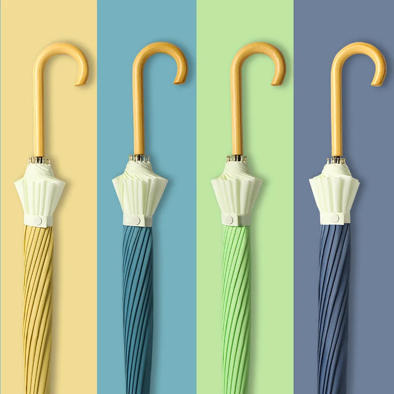 Small-fresh-long-handle-umbrella-16-bone-large-straight-wooden-curved ...