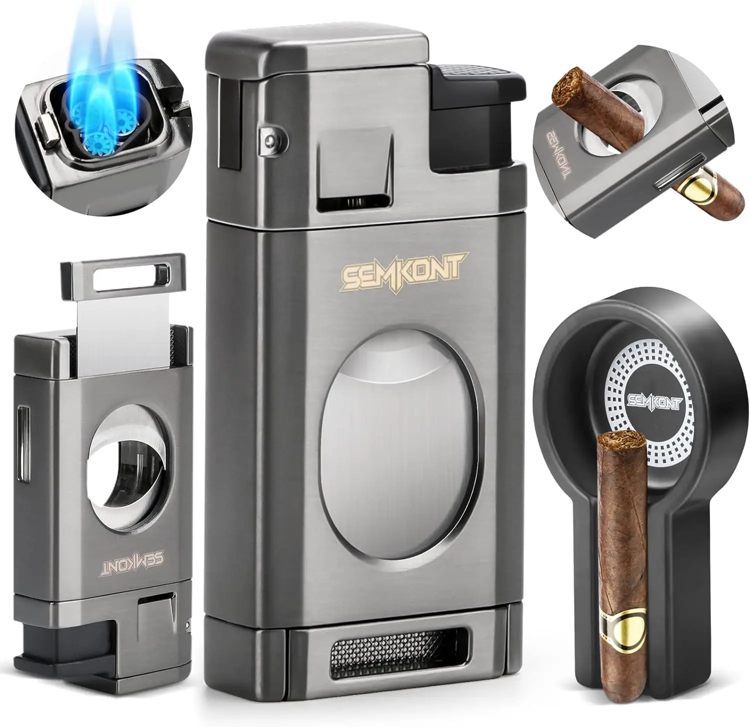 Cigar Lighter Triple Jet Flame Cigar Cutter Windproof Butane Refillable ...