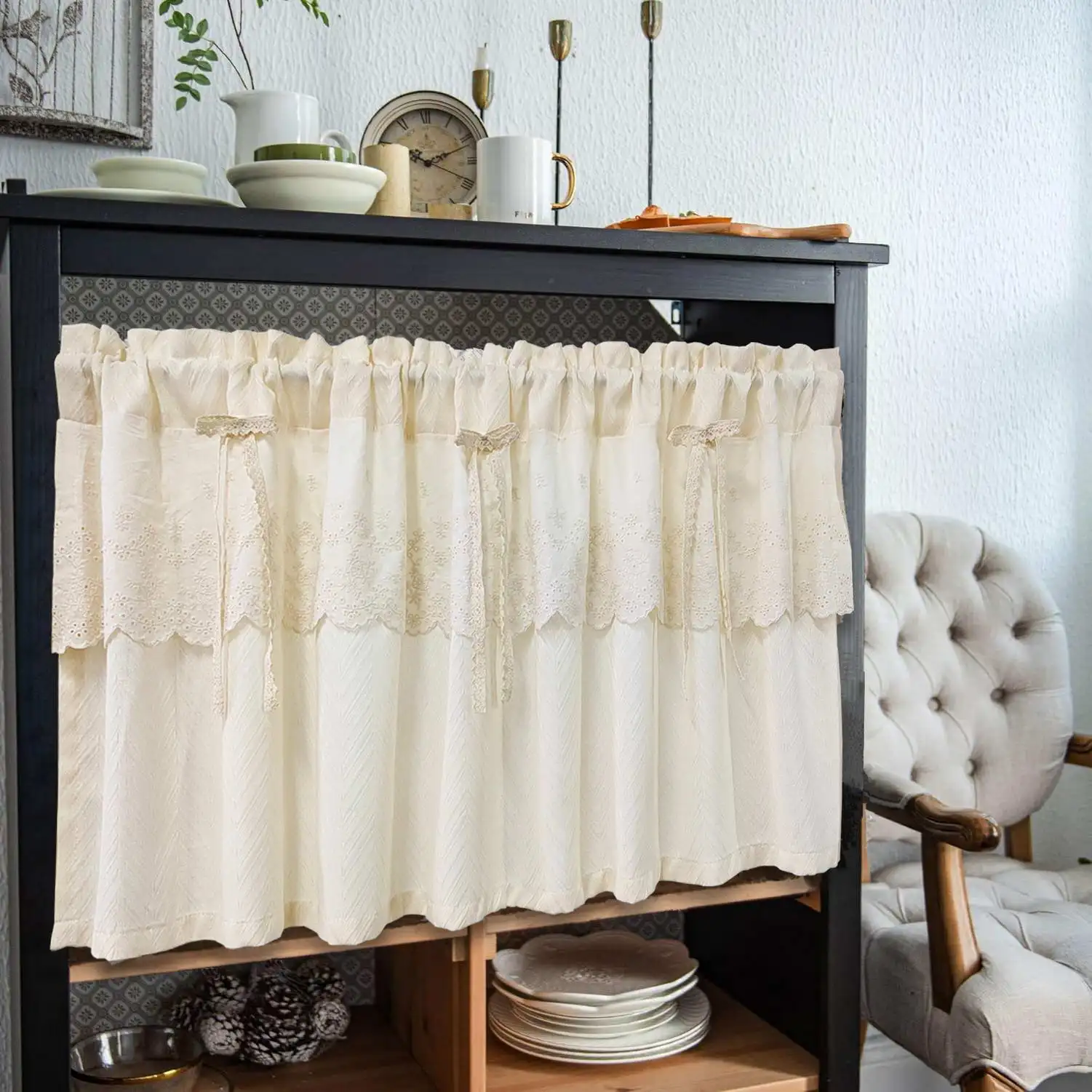 Cortina corta de Jacquard translúcido Beige, media cortina con lazo de ...