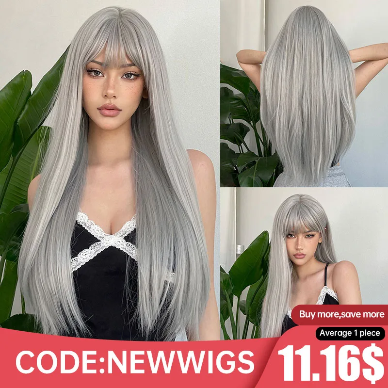 Silver-Ash-Gray-Long-Straight-Synthetic-Wigs-Lolita-Cosplay-Natural ...