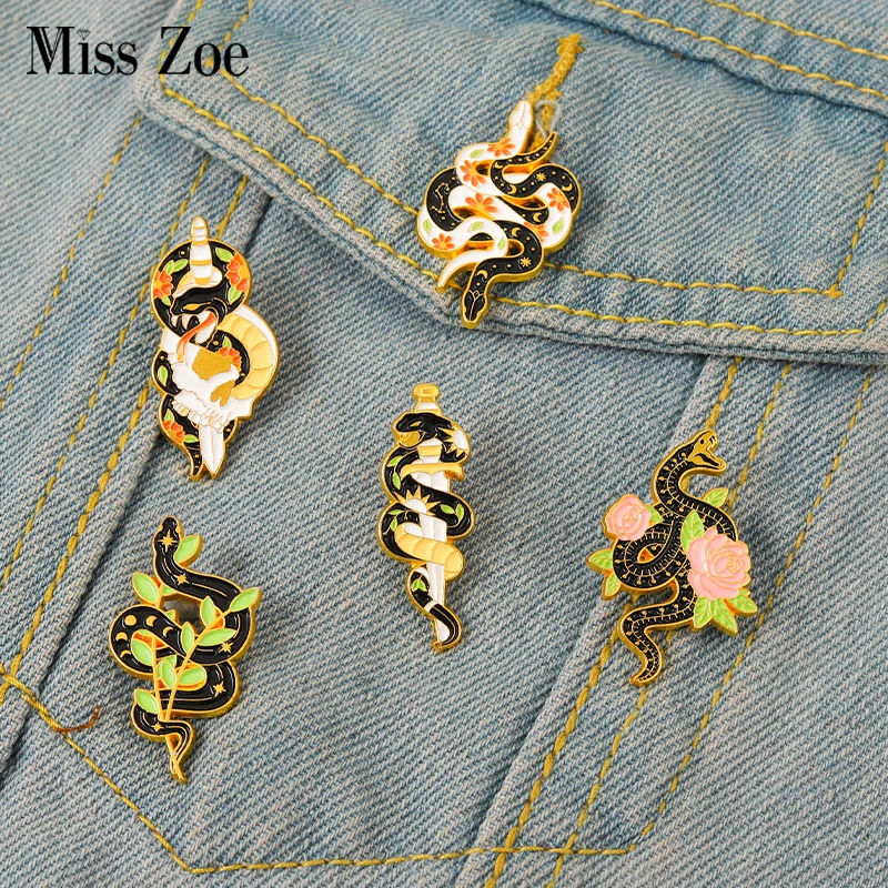 Black Snakes Enamel Pins Custom Flowers Vine Moon Phase Brooches Lapel ...