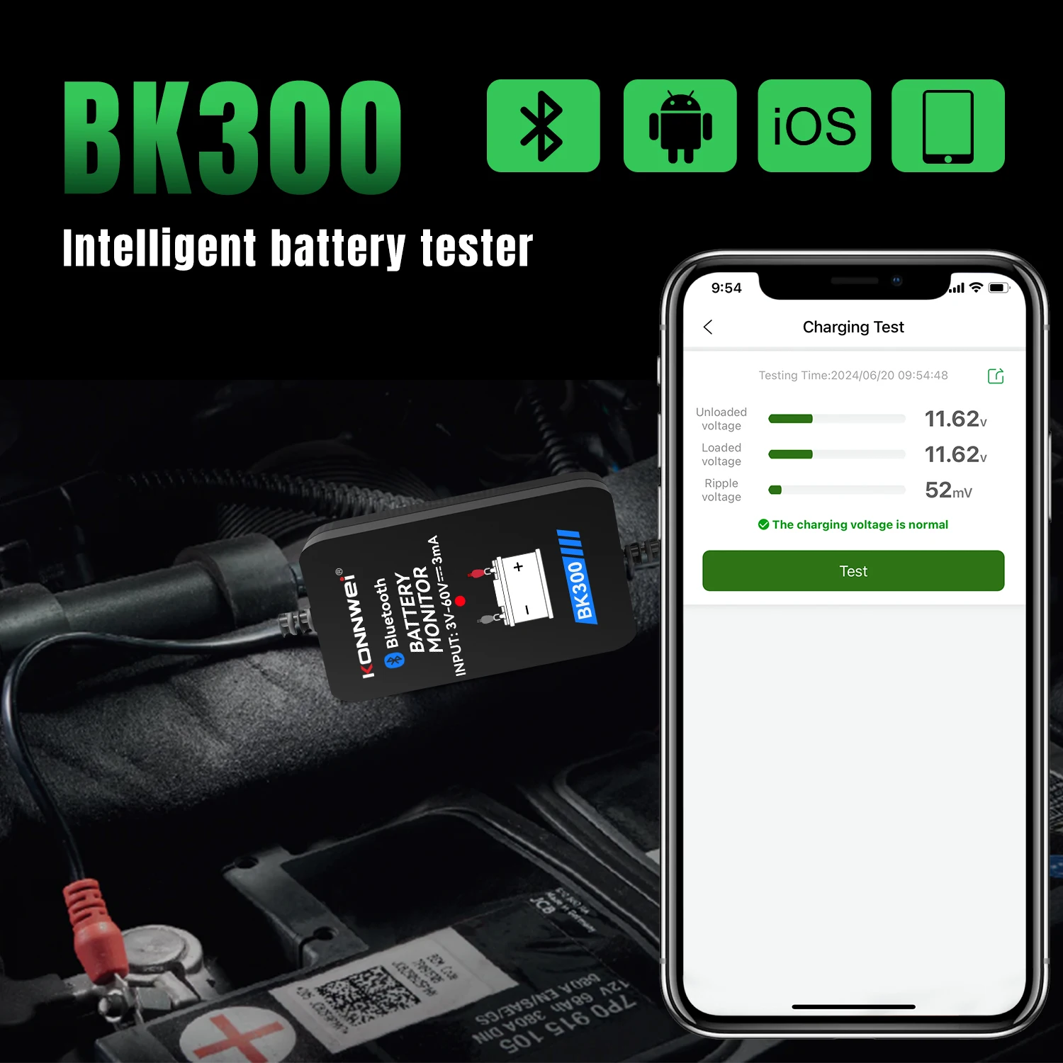KONNWEI BK300 Bluetooth Car Battery Monitor: 6V/12V/24V Battery Tester ...