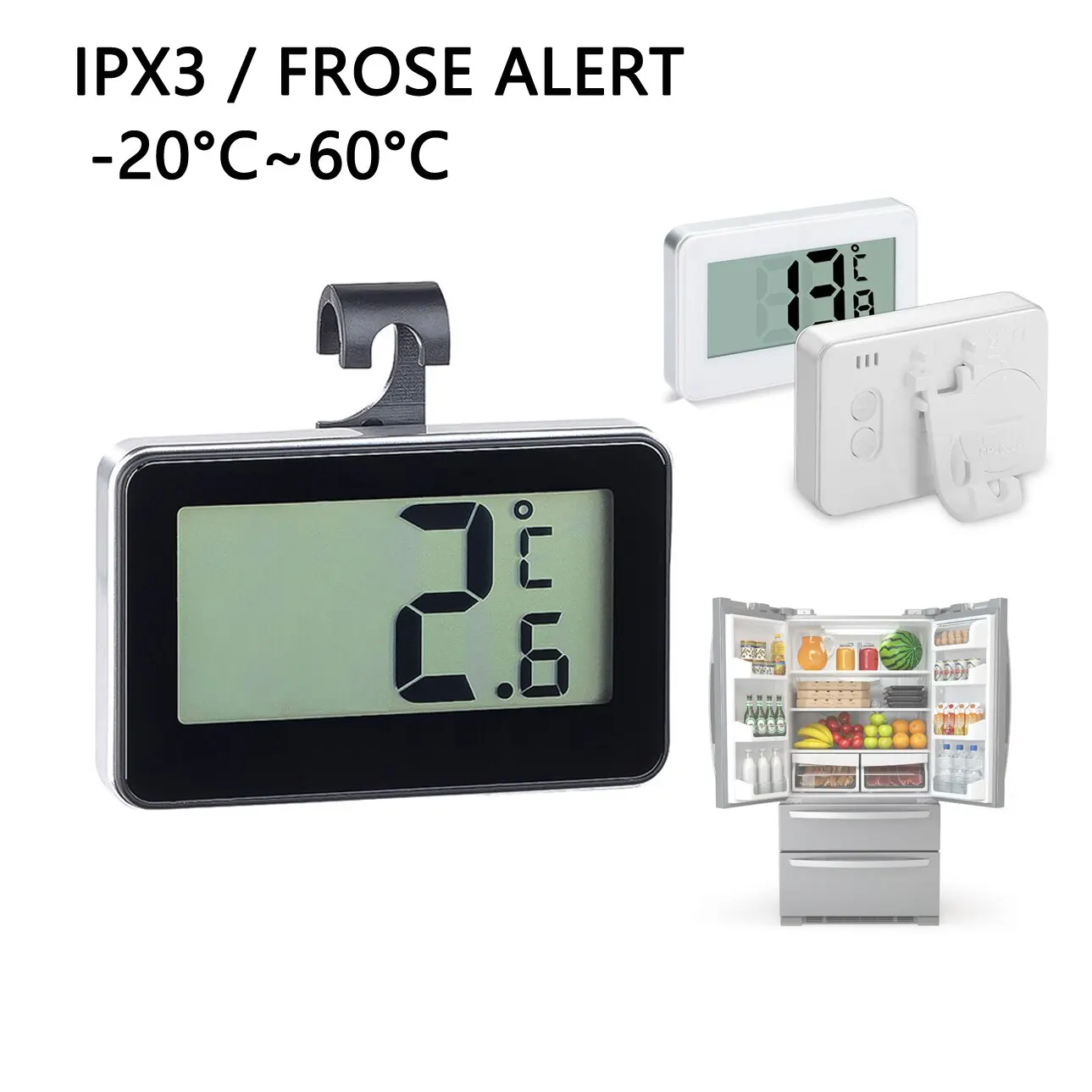 IPX3 Digital Thermometer Fridge Freezer Hanging Hook Thermograph Humidity Meter Waterproof LCD ...