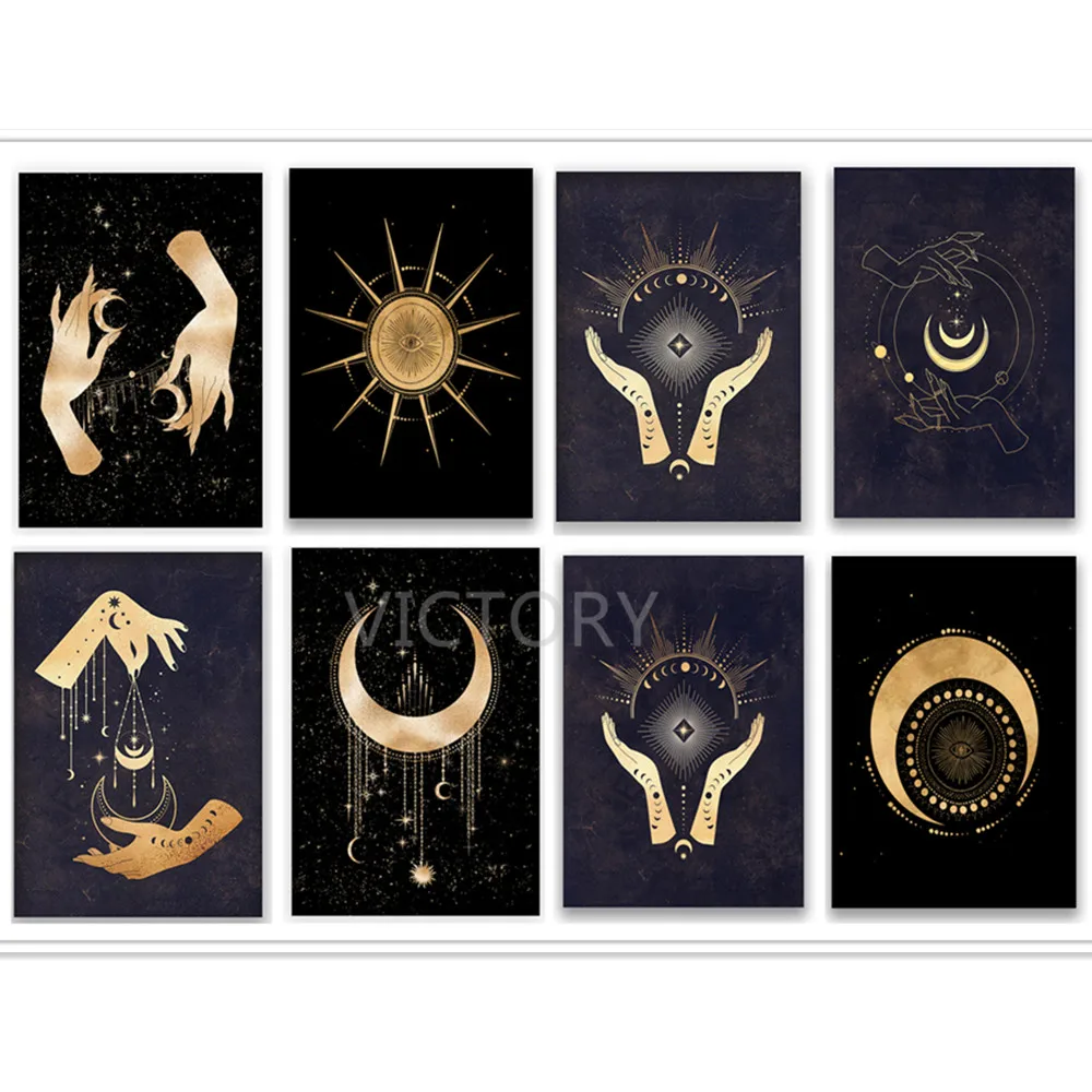 Witchy Canvas Painting Sun And Moon Celestial Posters Black Gold Art Prints Witchcraft Retro ...
