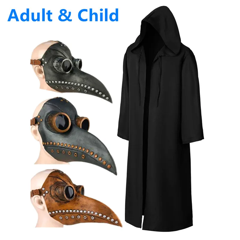Plague-Doctor-Mask-Costume-Wizard-Tunic-Hooded-Robe-Halloween-Cloak ...