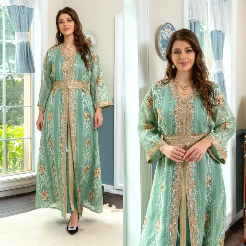 Women-Ethnic-Embroidered-Abaya-Light-Green-Dress-V-Neck-Long-Sleeve ...