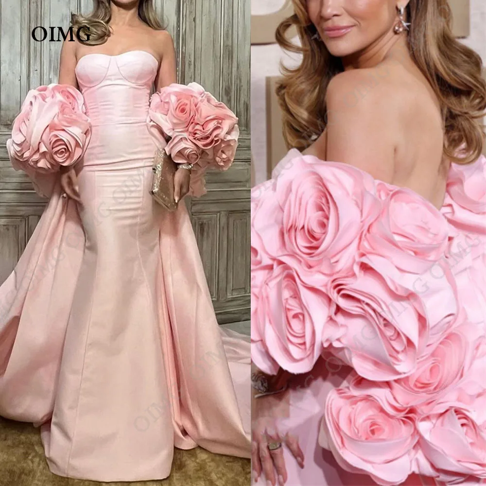 OIMG-Elegant-Pink-3D-Flowers-Evening-Dresses-Strapless-Long-Flower ...