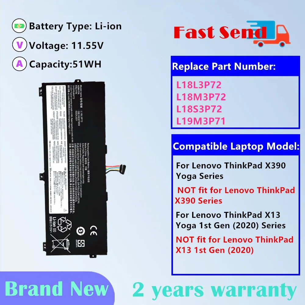 L18M3P72 Laptop Battery For Lenovo ThinkPad X390 Yoga X13 Yoga 1st Gen ...
