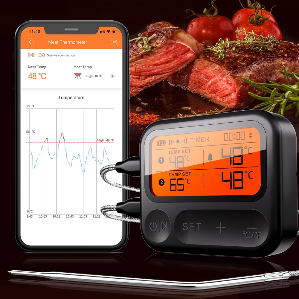 Wireless Bluetooth Meat Thermometer Digital BBQ Kitchen APP Thermometer ...