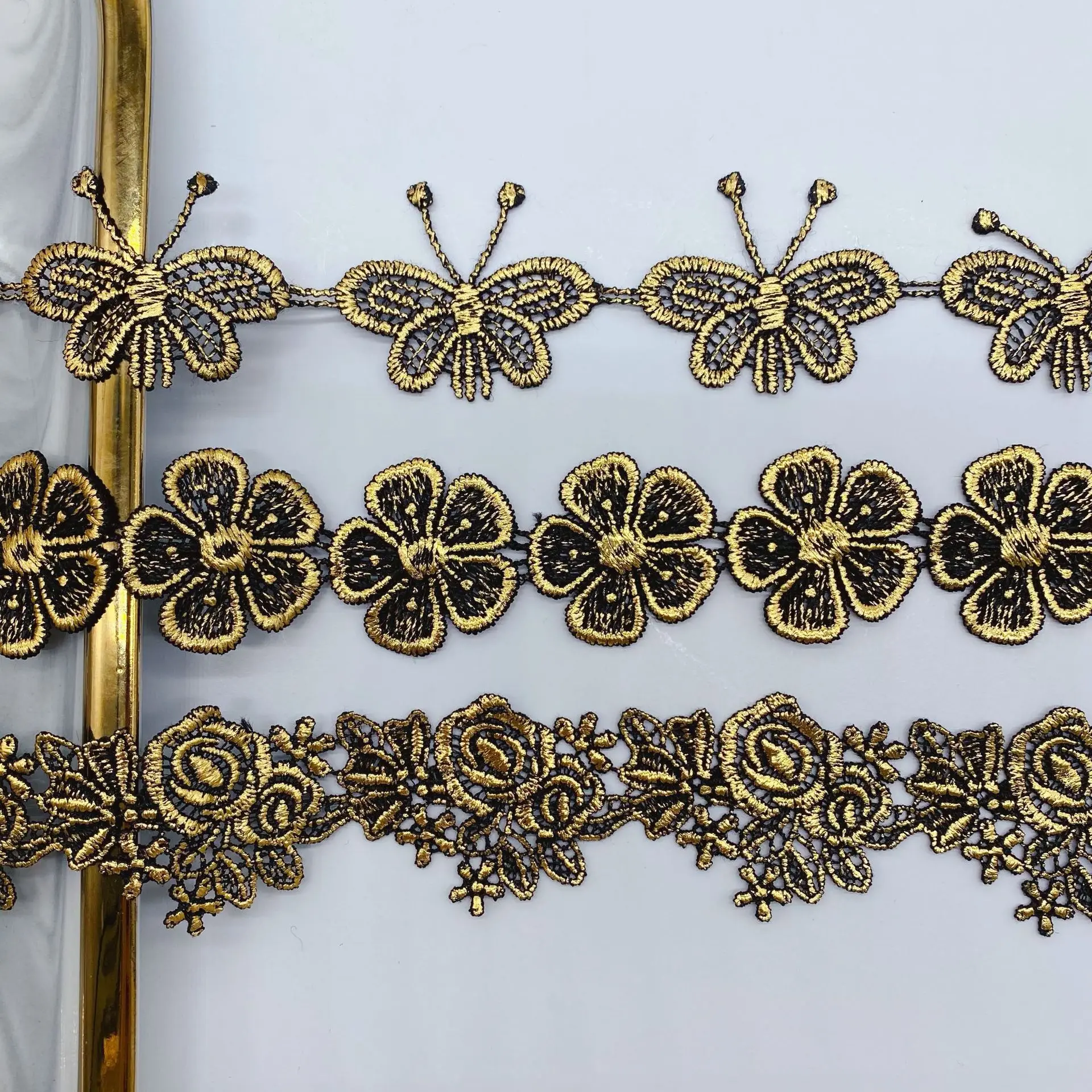 3Yards-Of-Embroidery-Golden-Black-Small-Butterfly-Flower-Lace-Fabric ...