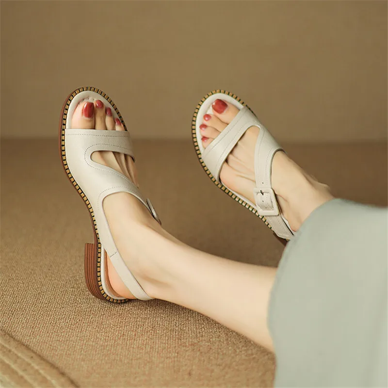 New-Genuine-Leather-Summer-Sandals-Women-Round-Toe-Shoes-Chunky-Heel ...