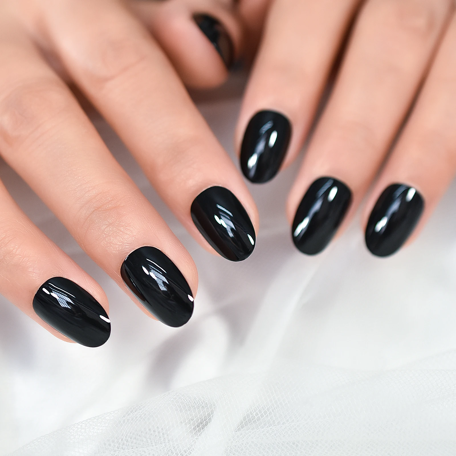 Press-on-Nails-Glossy-Black-Fake-Nail-Short-Oval-False-Nails-Glue ...