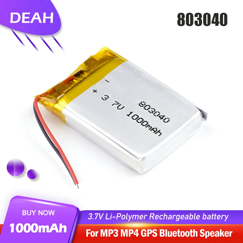 803040 1000mAh 3.7V Lithium Polymer Rechargeable Battery For MP3 GPS ...